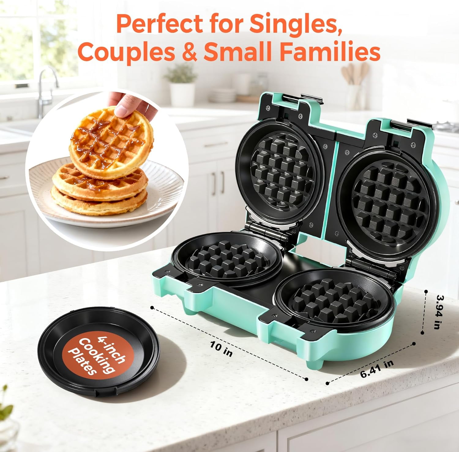 2-in-1 Double Waffle & Pancake Maker - 4" Nonstick Iron with Removable ...
