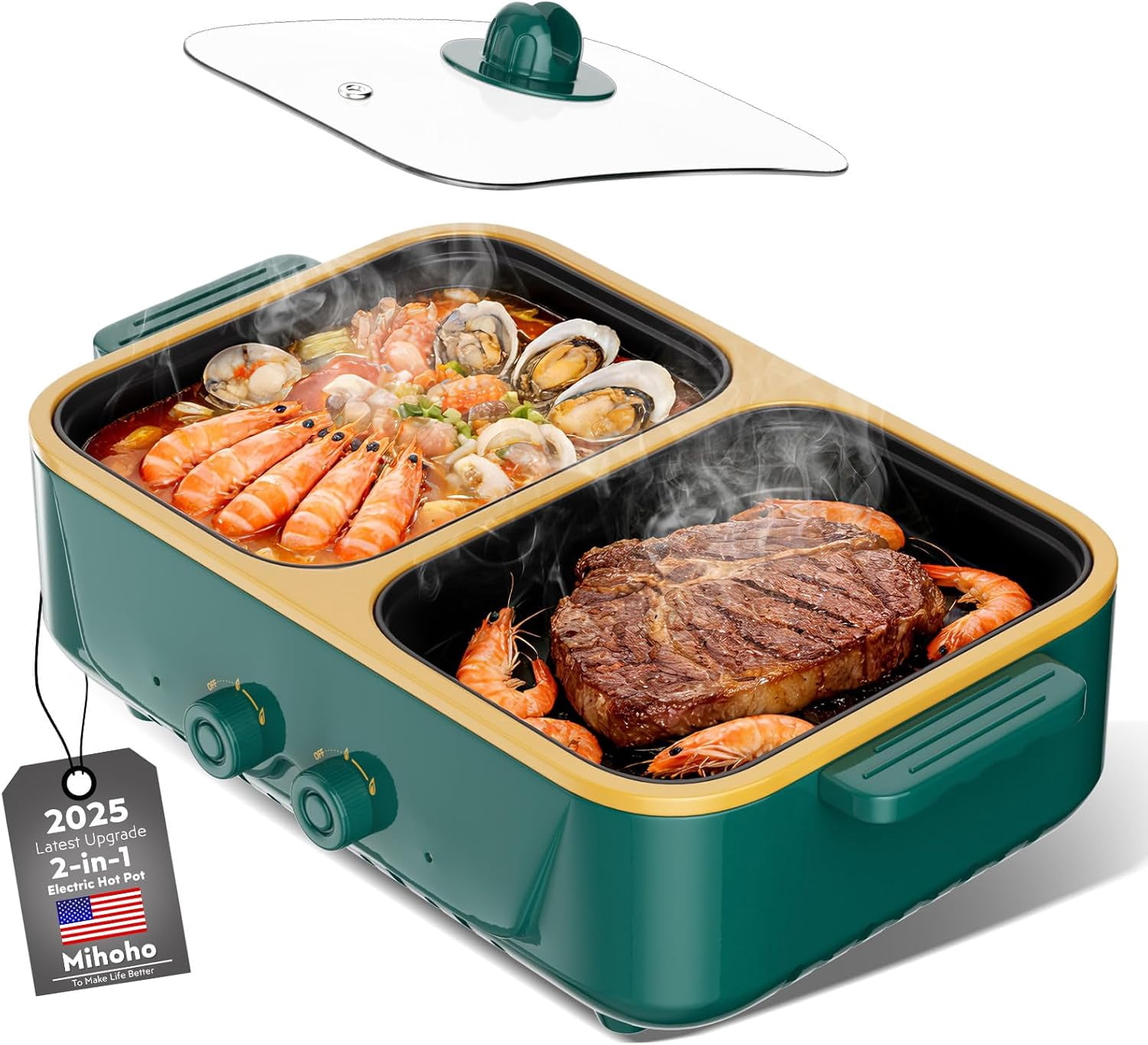 2-in-1 Electric Hot Pot and Grill Combo,1000W Dual Temper Control, Fast ...