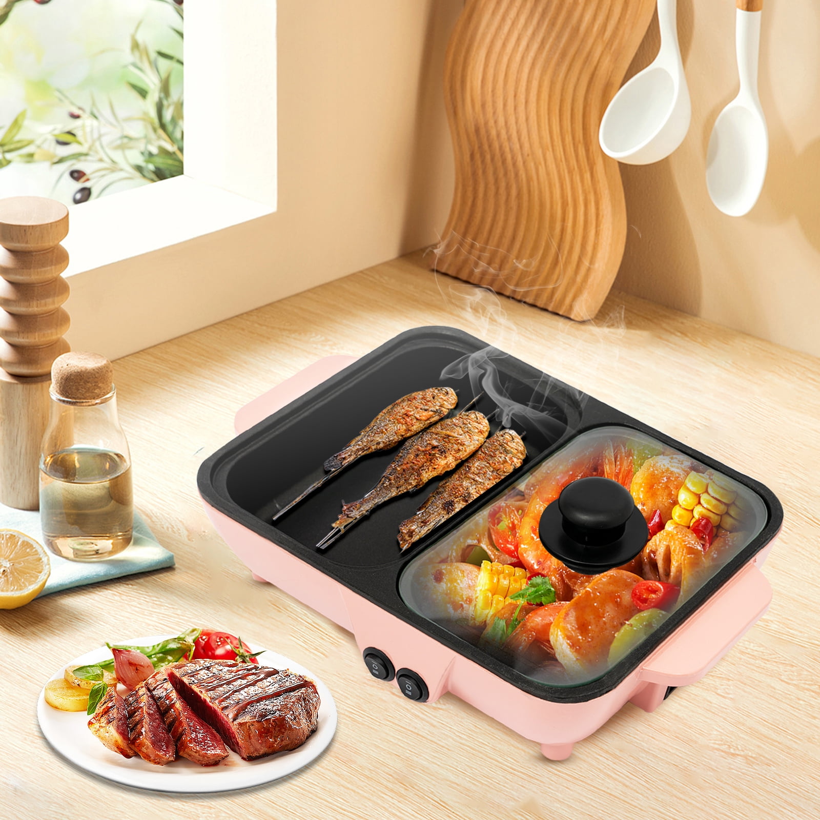 2-in-1 Electric Hot Pot & Grill Combo, 1200W Dual Heating Zones, Non ...