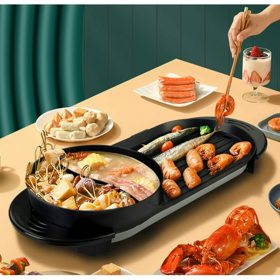 2 in 1 Electric Hot Pot Grill Teppanyaki Non-Stick Smokeless Barbecue Pan Grill 1100W Electric ...