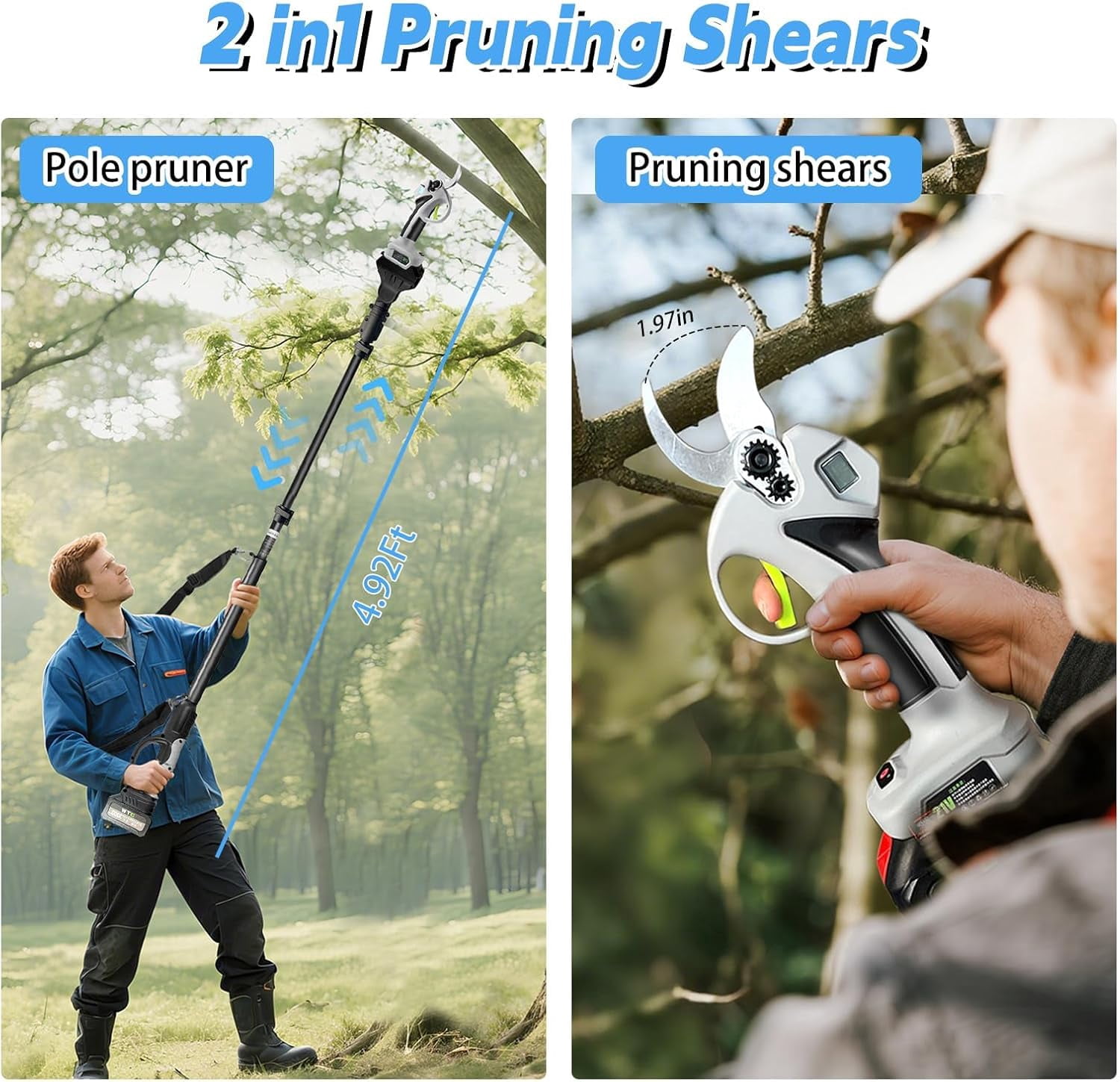 2-in-1 Electric Pruning Shears with Pole, Cordless Tree Trimmer with ...