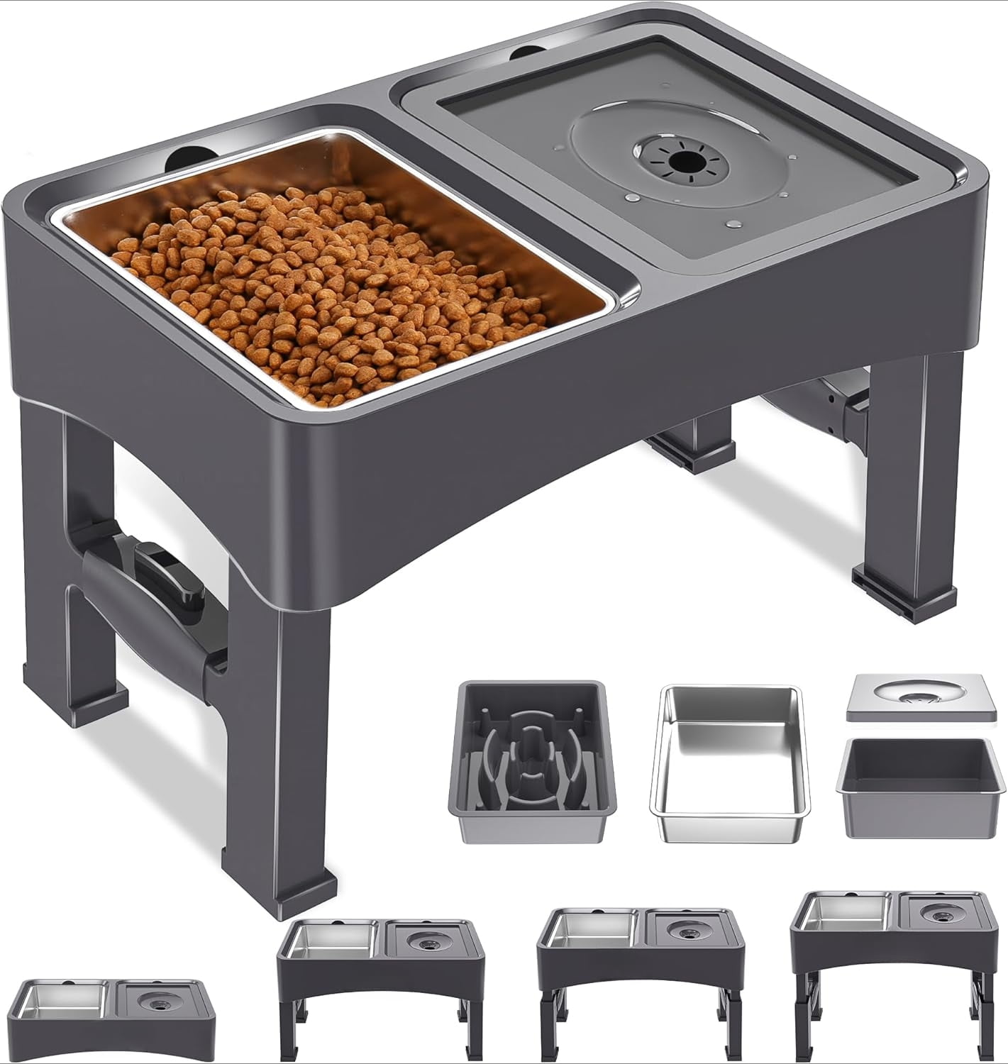 2-in-1 Elevated Bowls Slow Feeder, 4 Height Adjustable Raised Stand No ...