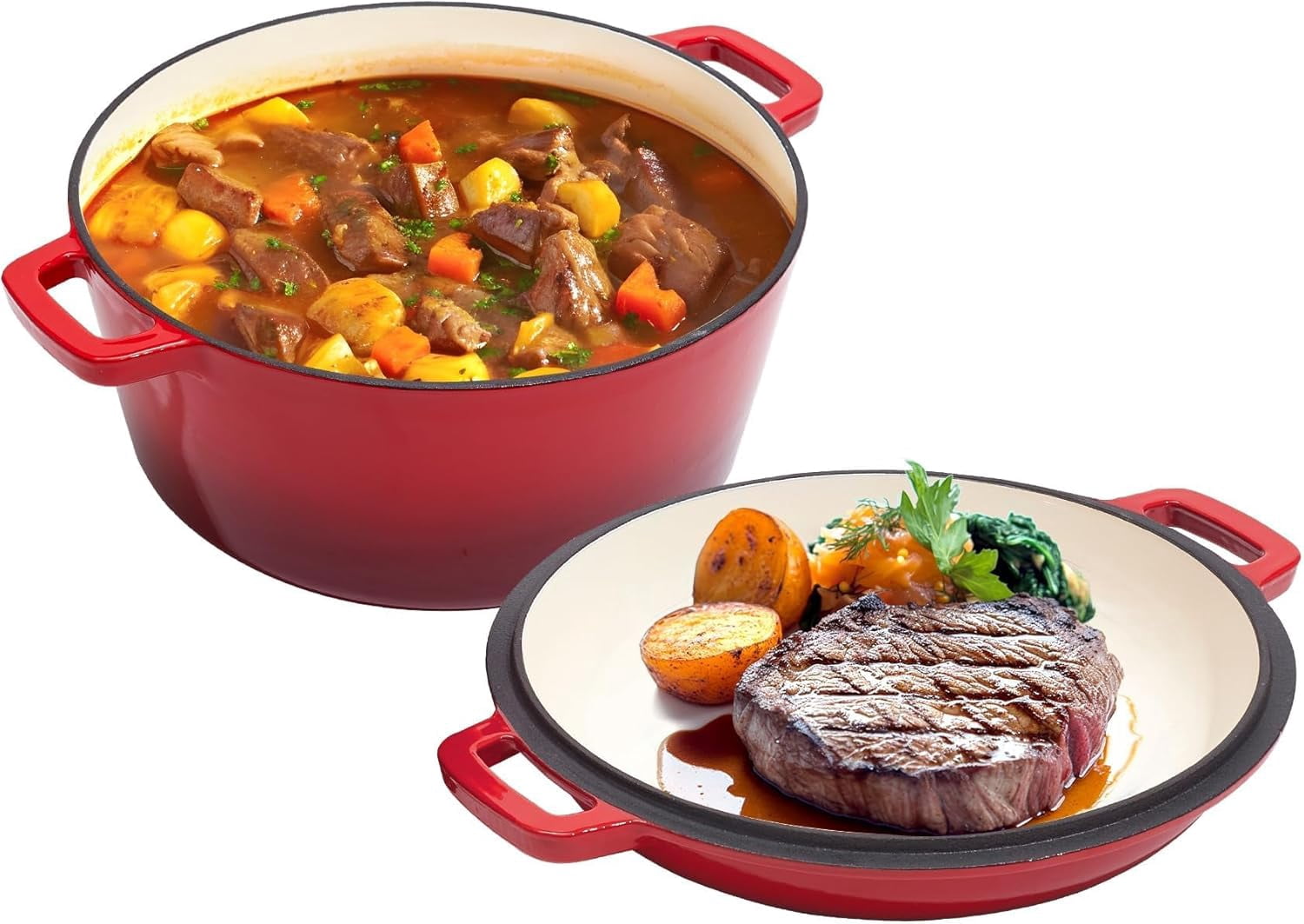 2 in 1 Enameled Cast Iron Dutch Oven Pot 6QT with 2QT Lid - Big Dual ...