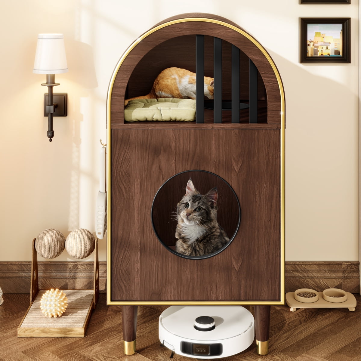 2-in-1 Espresso Cat Litter Box Enclosure & Condo Cat Bed, Two-Level ...