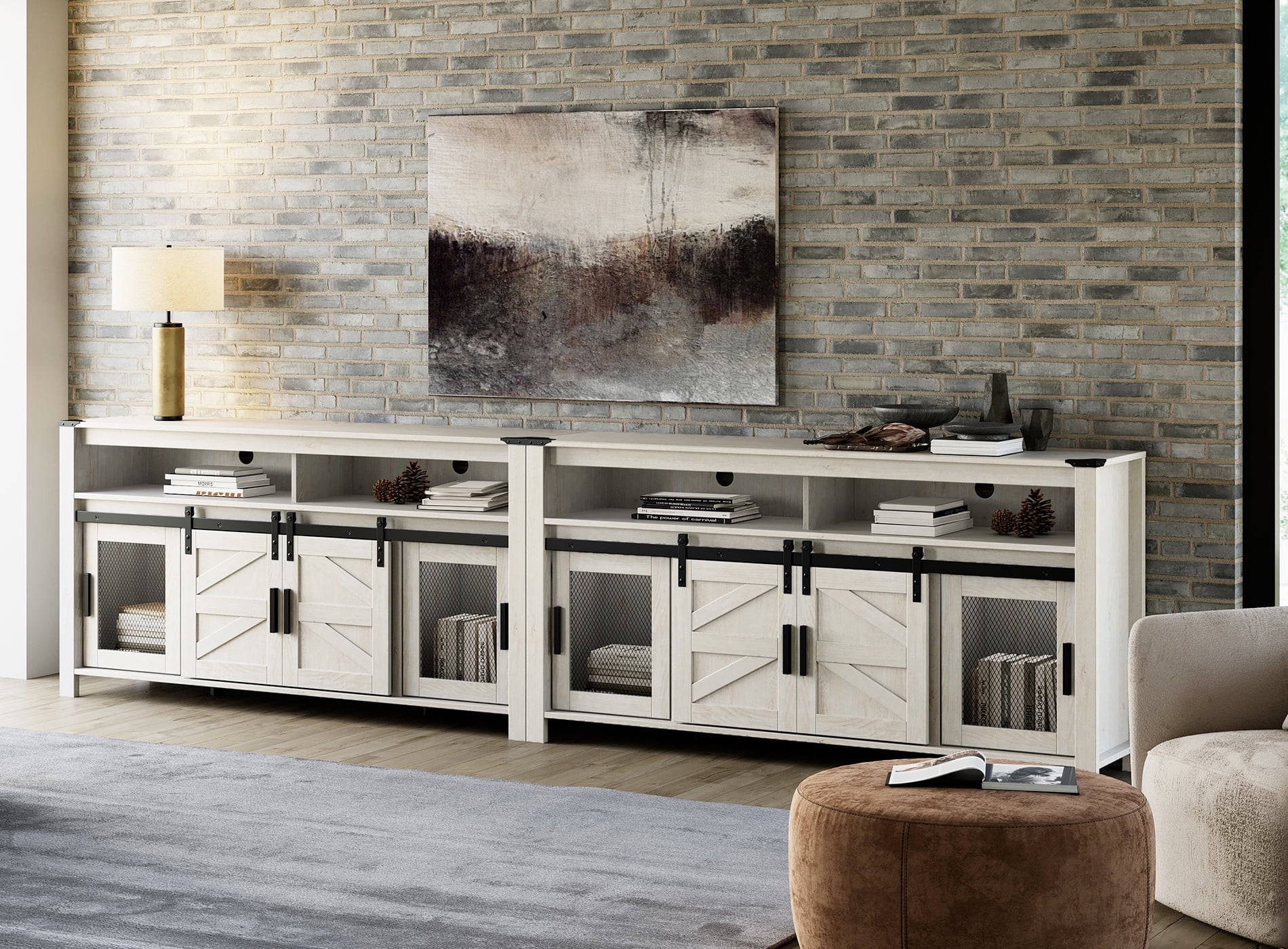 2-in-1 Farmhouse TV Stands for 100+ Inch TV, Antique White 118" Wooden ...