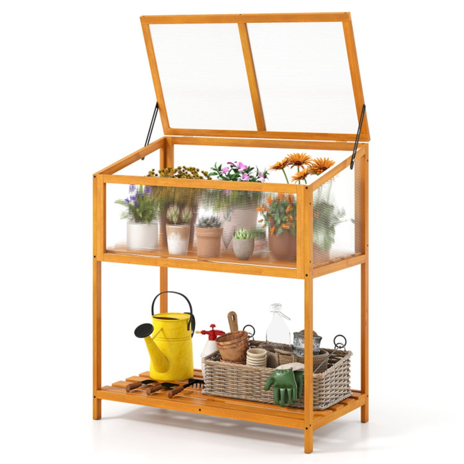 2-in-1 Fir Wood Elevated Greenhouse with Slatted Shelf, Adjustable Roof ...