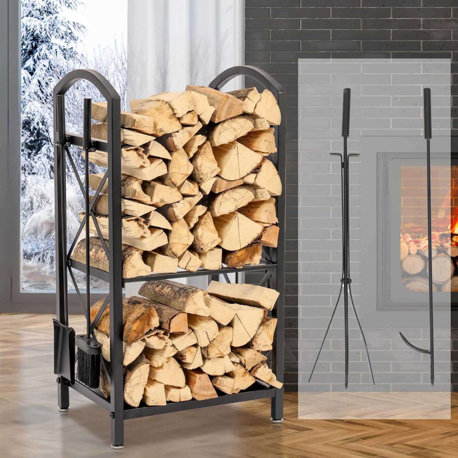 2-in-1 Firewood Rack & Fireplace Tools Set,Sturdy Log Holder with 4 ...
