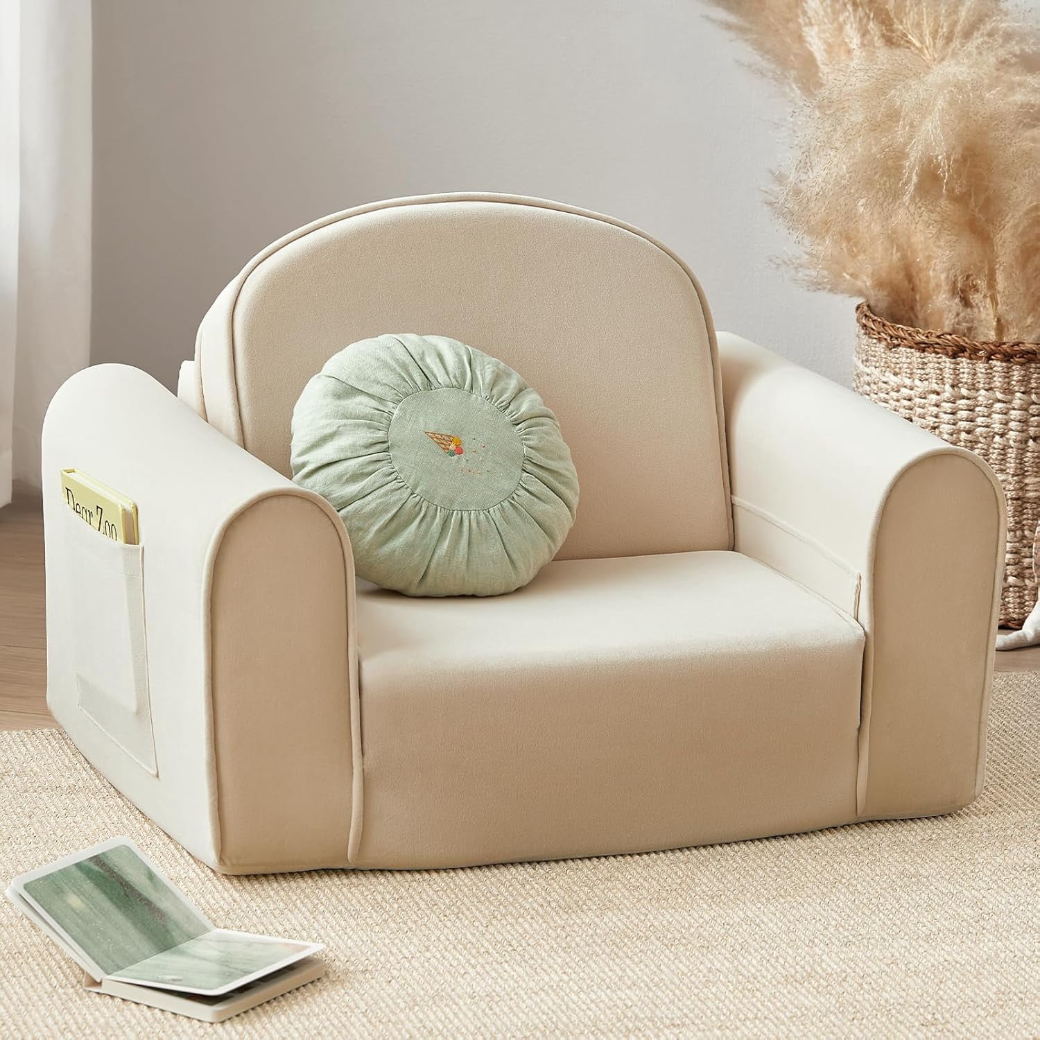 2-in-1 Foldable Kids Couch with Pockets – Soft Thick Toddler Sofa ...