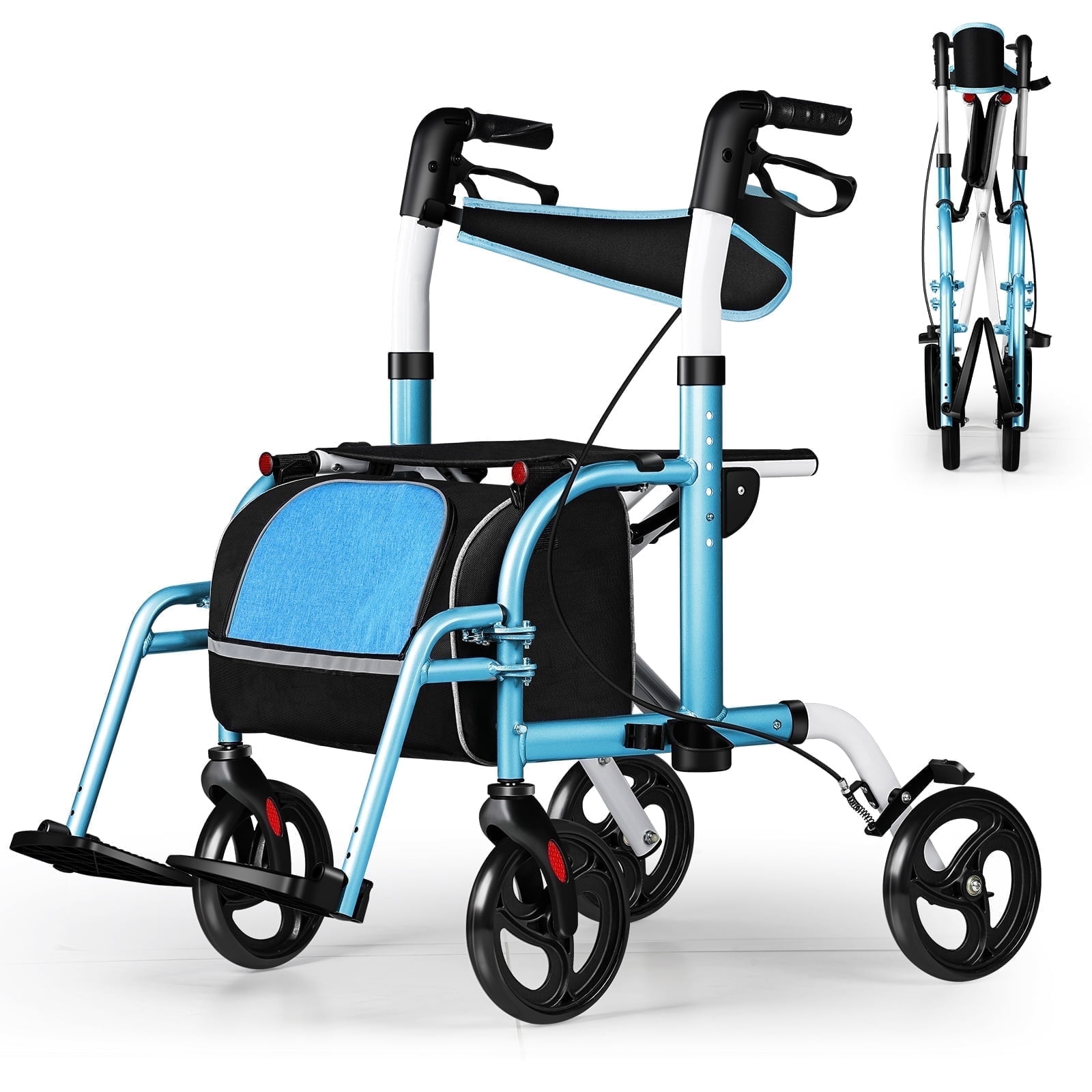 2 in 1 Foldable Rollator Walker with Storage & Umbrella Holder, Blue ...
