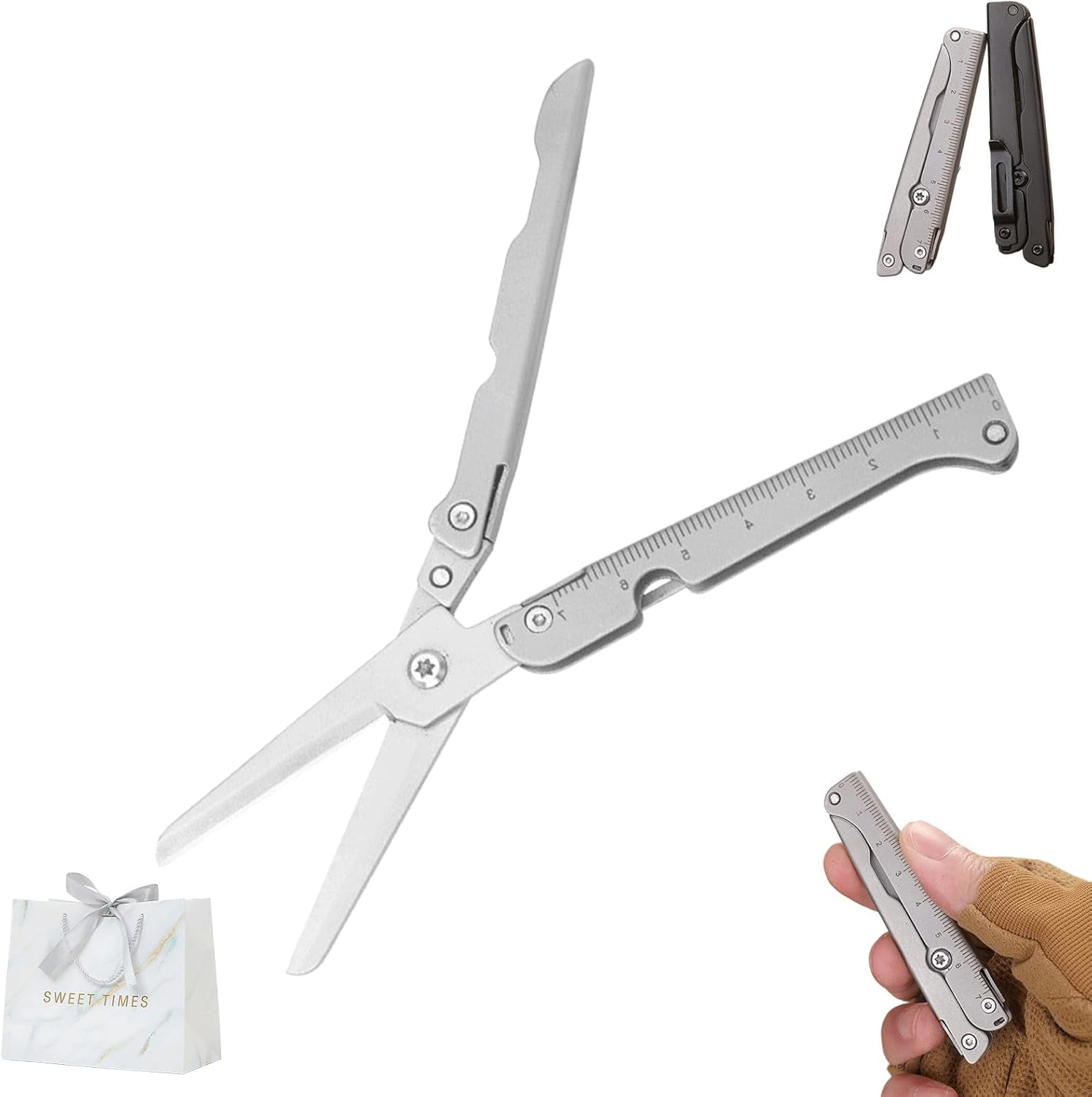 2-in-1 Foldable Scissors with Ruler, Stainless Steel for Camping ...
