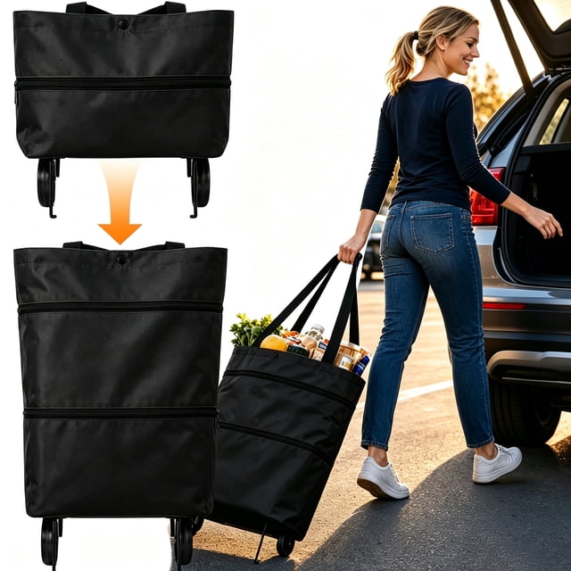 2 in 1 Foldable Shopping Bag, Rolling Cart with Wheels & Large Capacity ...