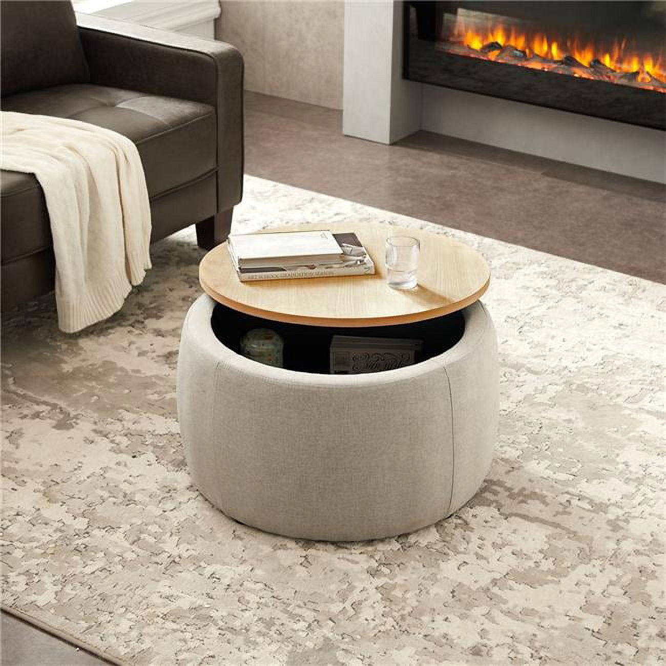 2 in 1 Function Round Storage Ottoman, Work as End Table, Storage Box ...