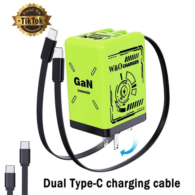 2-in-1 GaN Compatible with 120W Fast Charger with Retractable Type-C and ligtning Cable ...