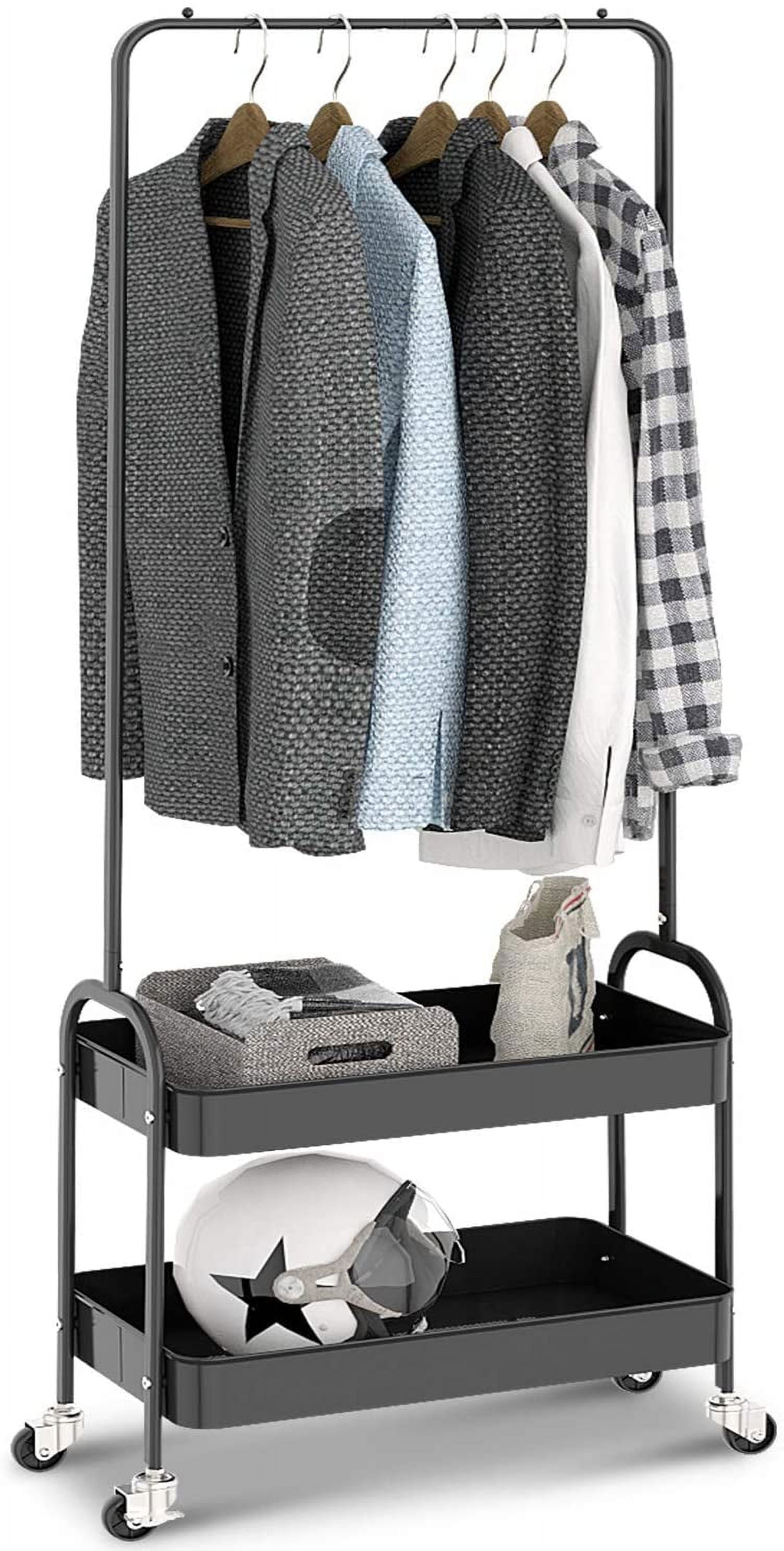 2-in 1 Garment Rack, Clothing Rack with 2 Tier Metal Basket, Rolling ...