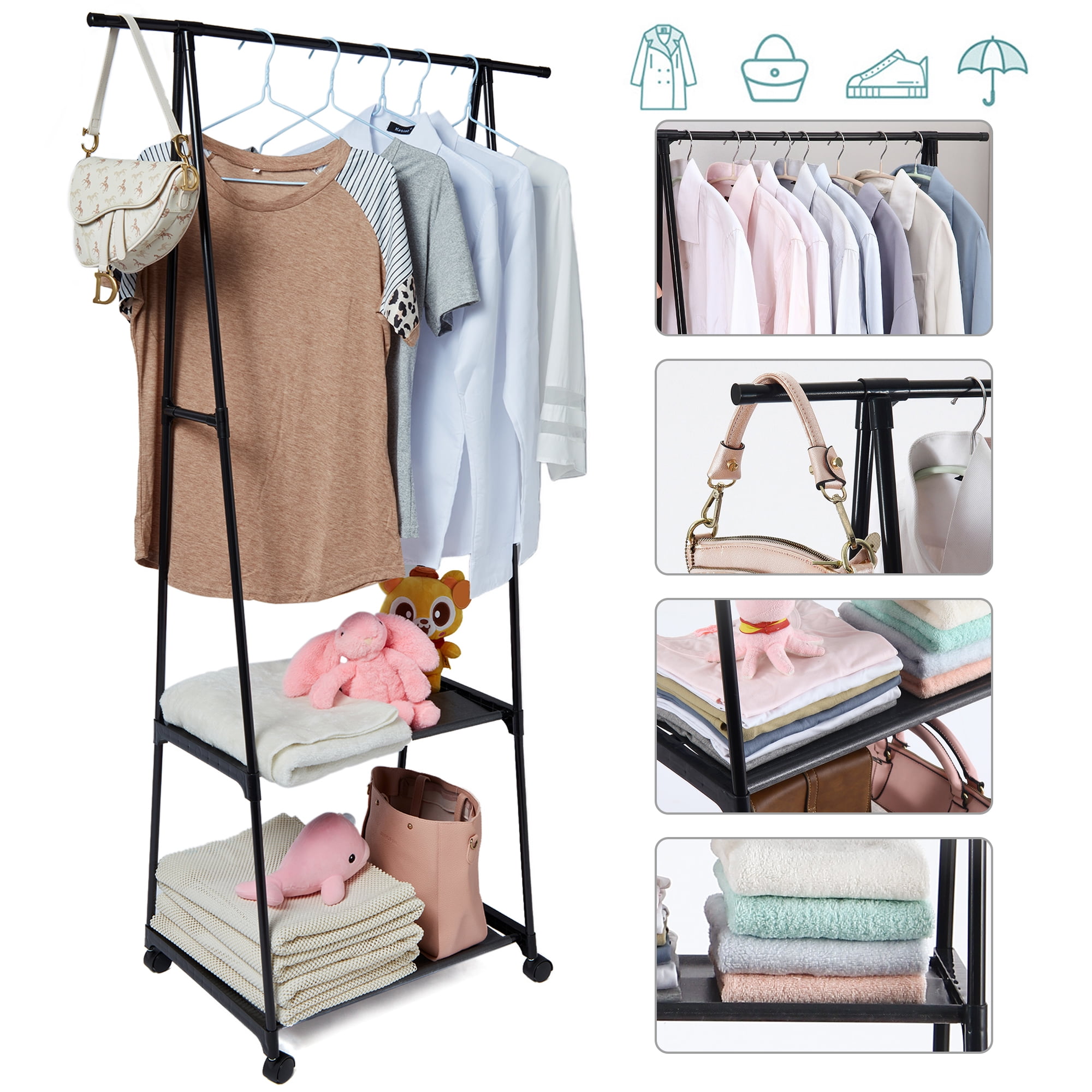 2 in 1 Garment Rack, Clothing Rack with 2 Tier Storage Shelves, Rolling ...