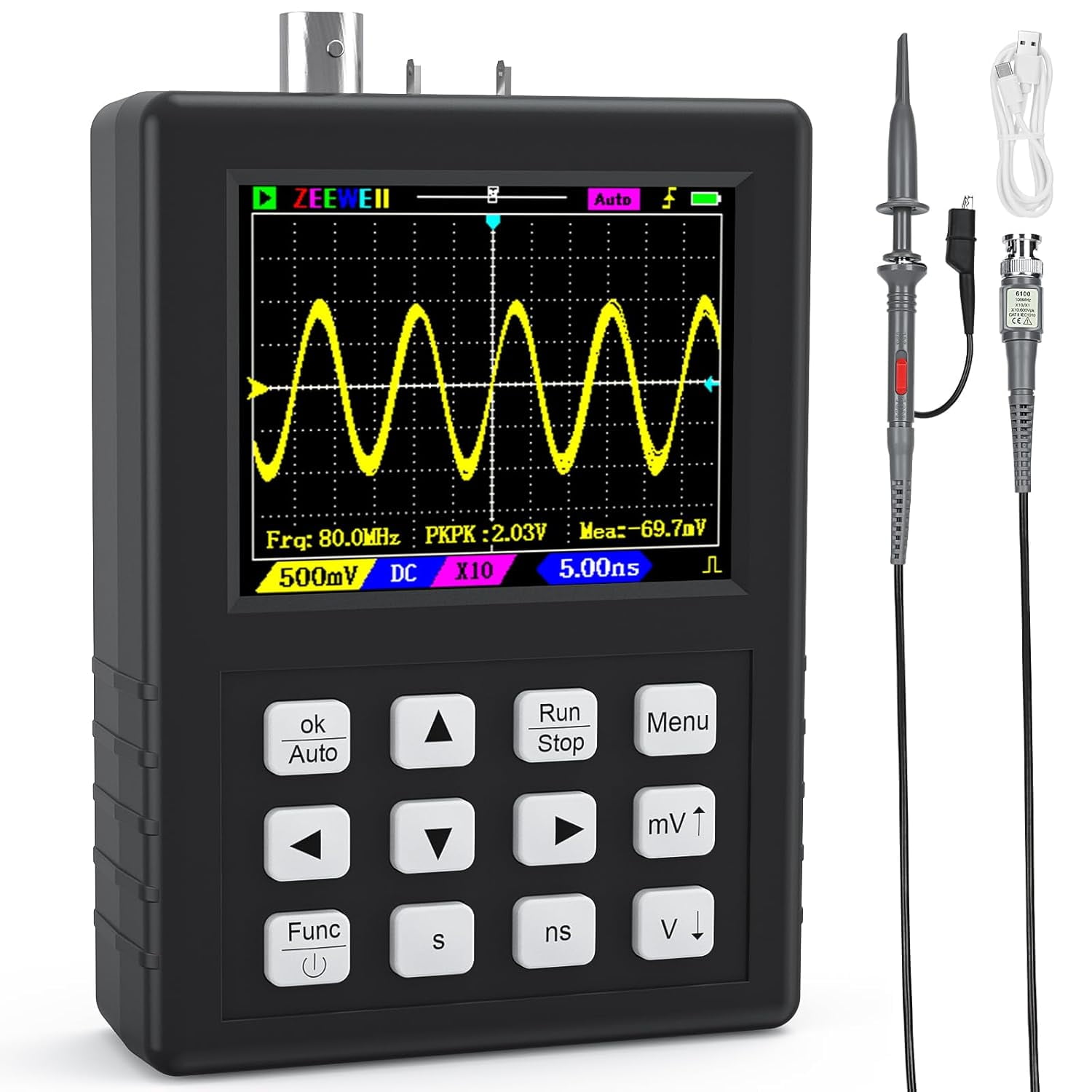 2-in-1 Handheld Oscilloscope and Signal Generator, 250MSa/s Sampling Rate, 80MHz Bandwidth ...