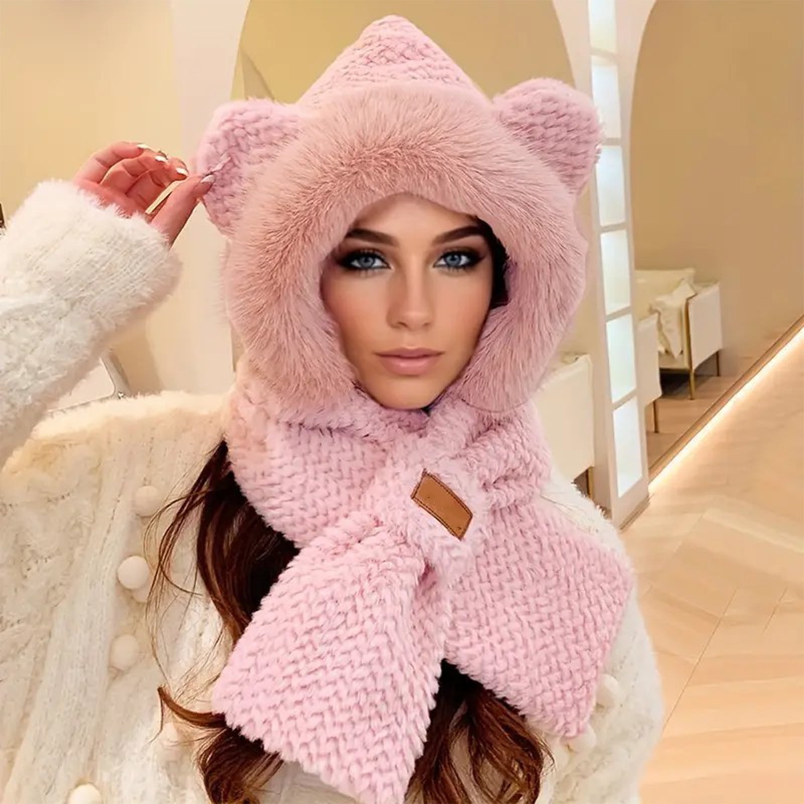 2-in-1 Hat Scarf Integrated Ear Protection Windproof Hat Scarf Winter ...