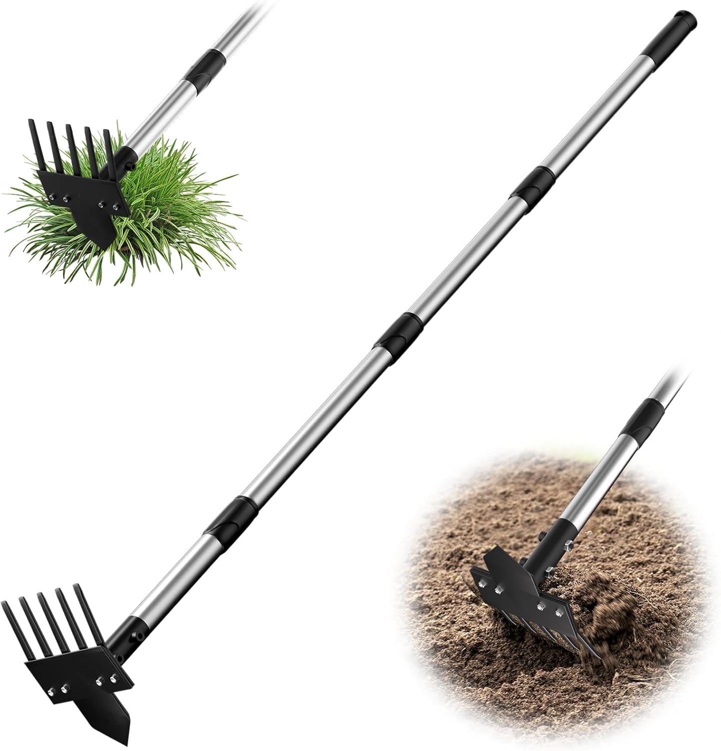 2-in-1 Heavy-Duty Garden Hoe with 5-Tine Rake – 30" to 60" Adjustable ...