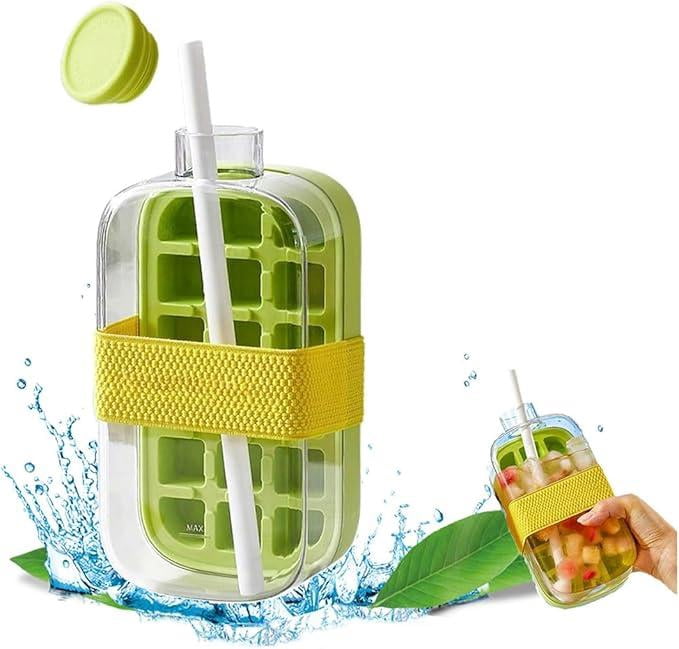 2-in-1 Ice Cube Bottle with Straw - Easy Press Ice Tray Water Bottle ...
