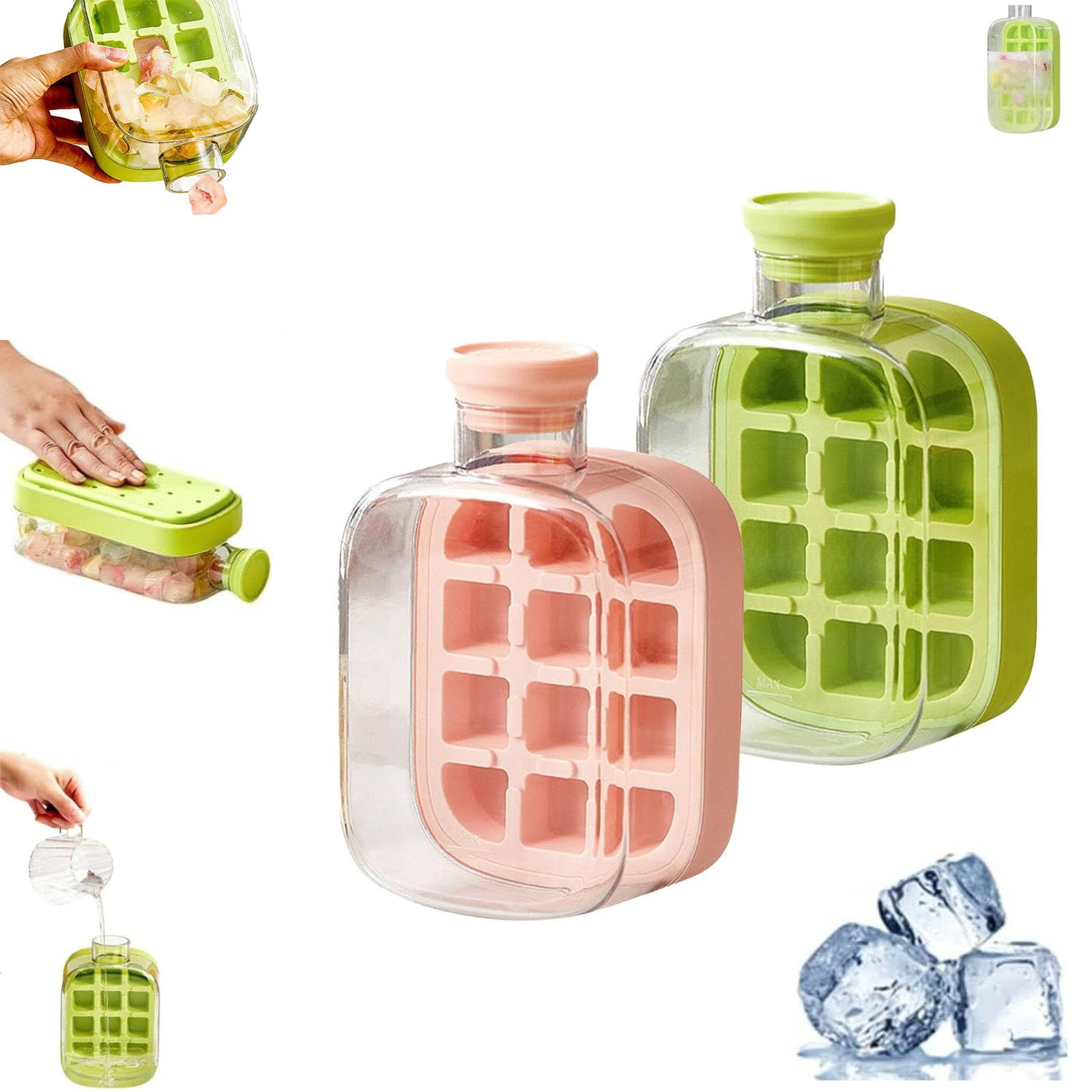 2-in-1 Ice Cube Tray Water Bottle Touch-Free Silicone Ice Cube Mold ...