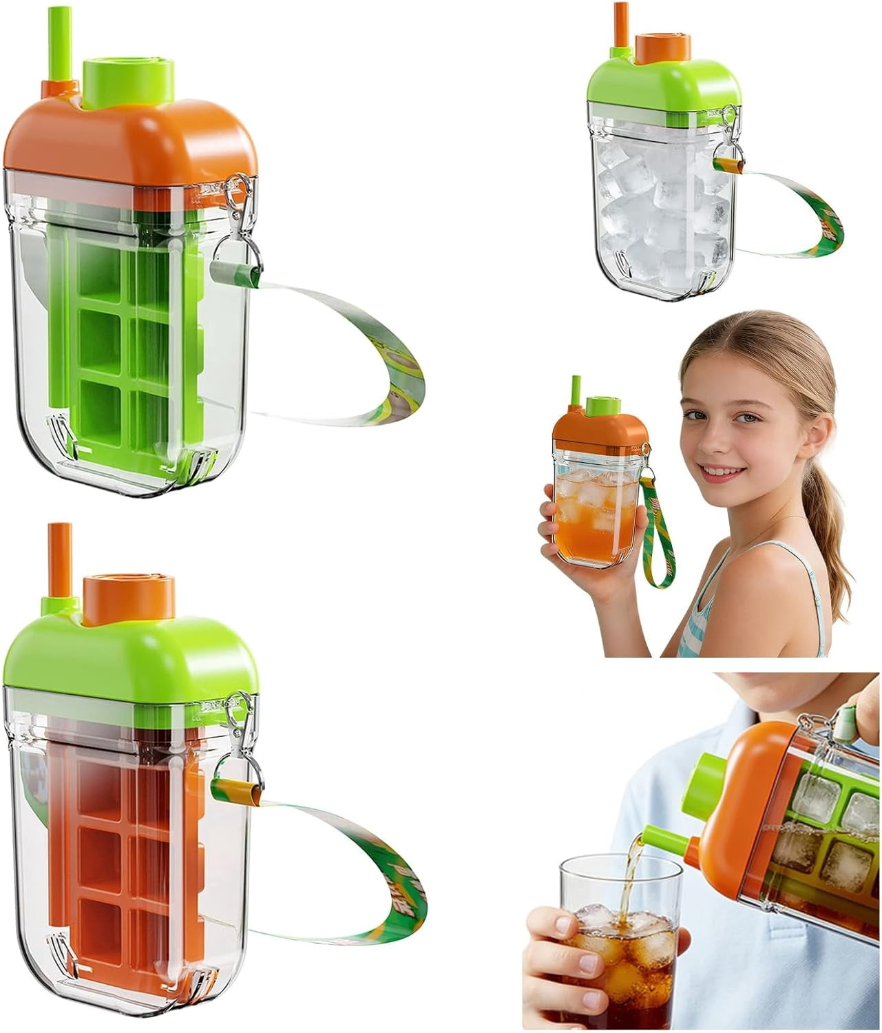 2-in-1 Ice Cube Water Bottle with Straw, Easy Press Ice Tray Cup, 500ml ...
