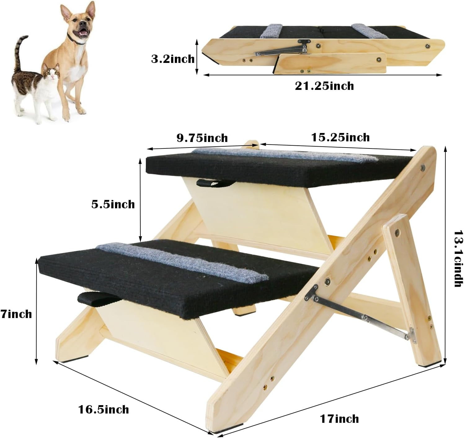 2-in-1 Indoor Pet Ramp Wooden Folding 2-Tier Stairs Non-Slip Carpeted ...