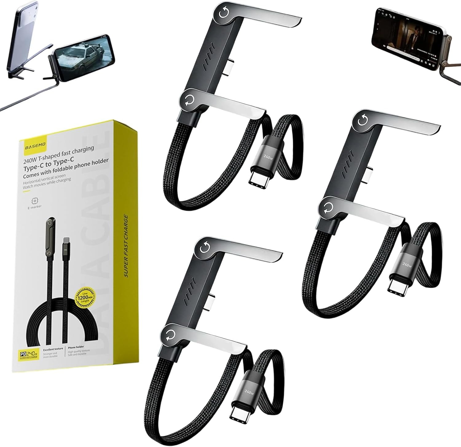 2-in-1 Invisible Holder Charger Cable, 240W Fast Charging Cord with ...