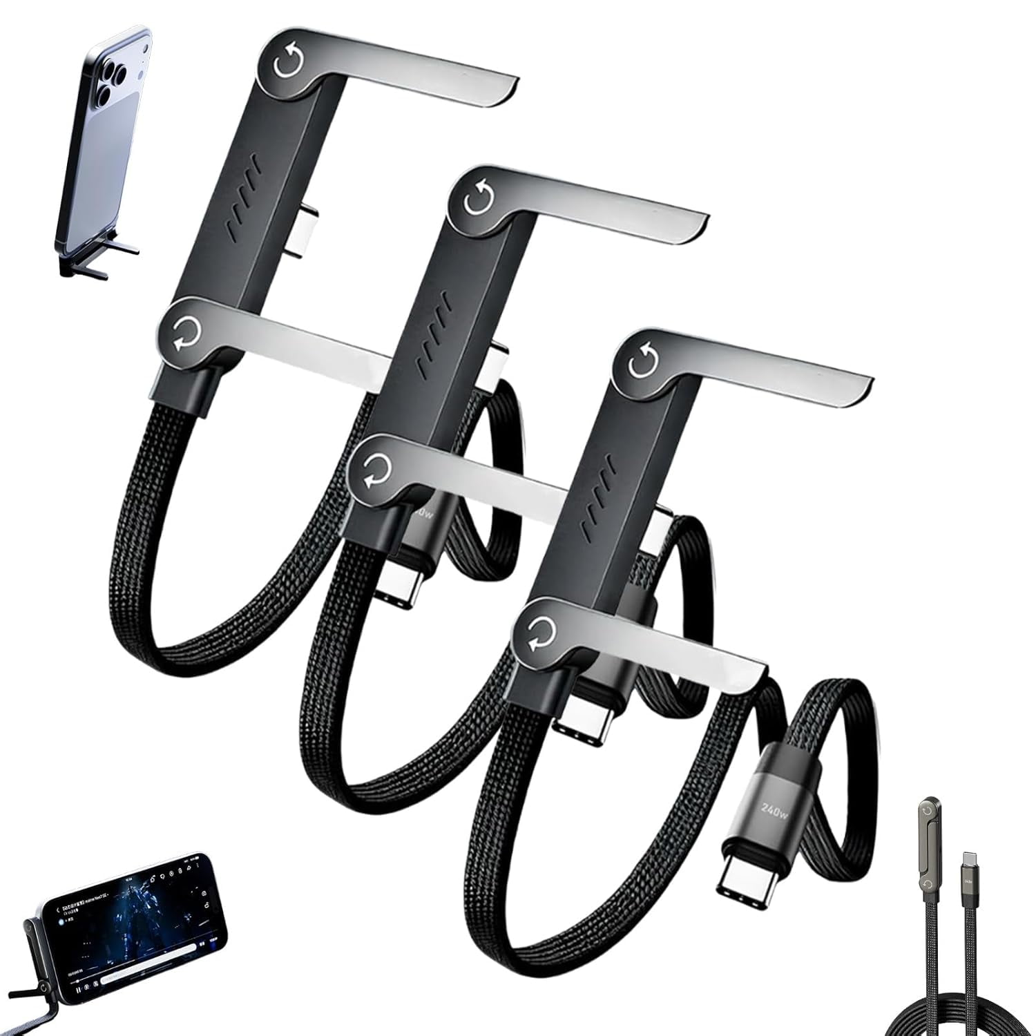 2-in-1 Invisible Stand Charging Cable, 240W Braided Fast Charging Data ...