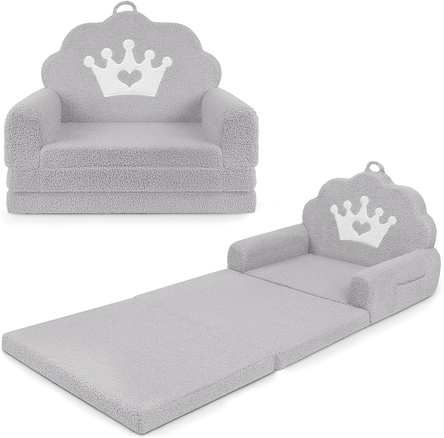 2-in-1 Kids Couch Fold Out, Soft Teddy Sherpa Toddler Couch with Crown ...