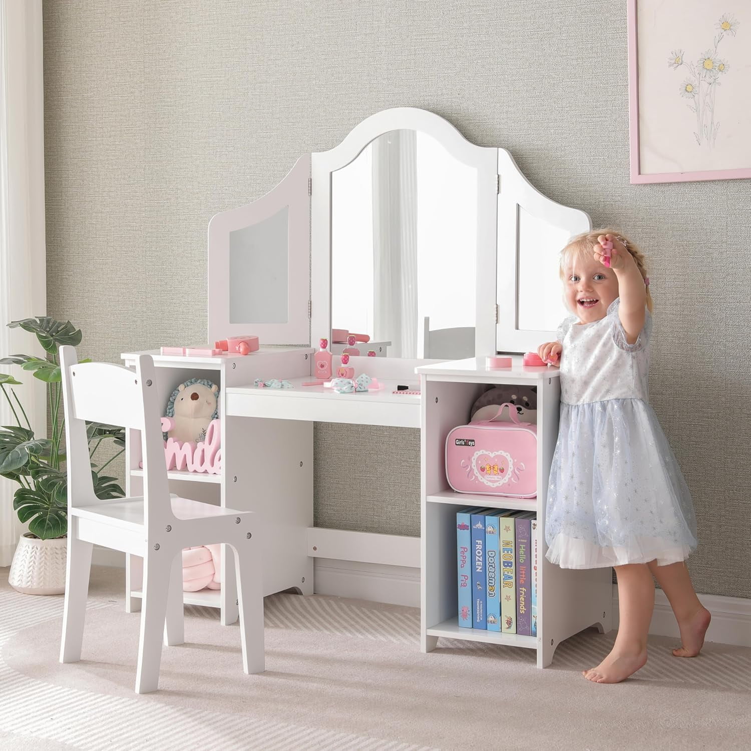 2 in 1 Kids Princess Vanity Storage Cabinet with Detachable Top, Tri ...