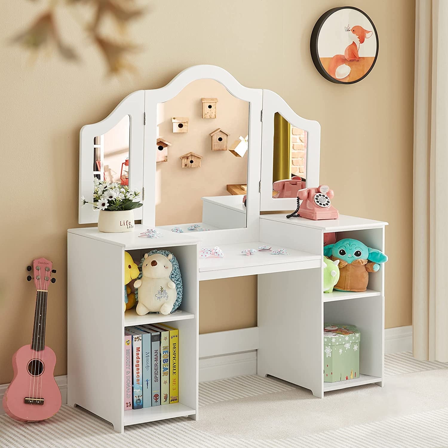 2 in 1 Kids Princess Vanity Storage Cabinet with Detachable Top, Tri ...