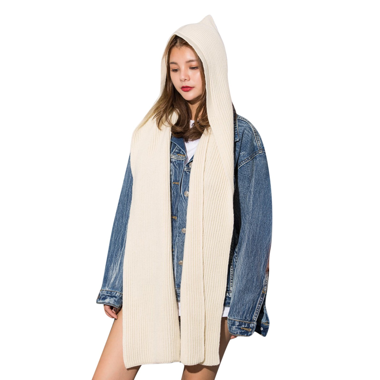 2 in 1 Knitted Hooded Scarf Set Warm Winter Melon Cap Thick Stretchable ...