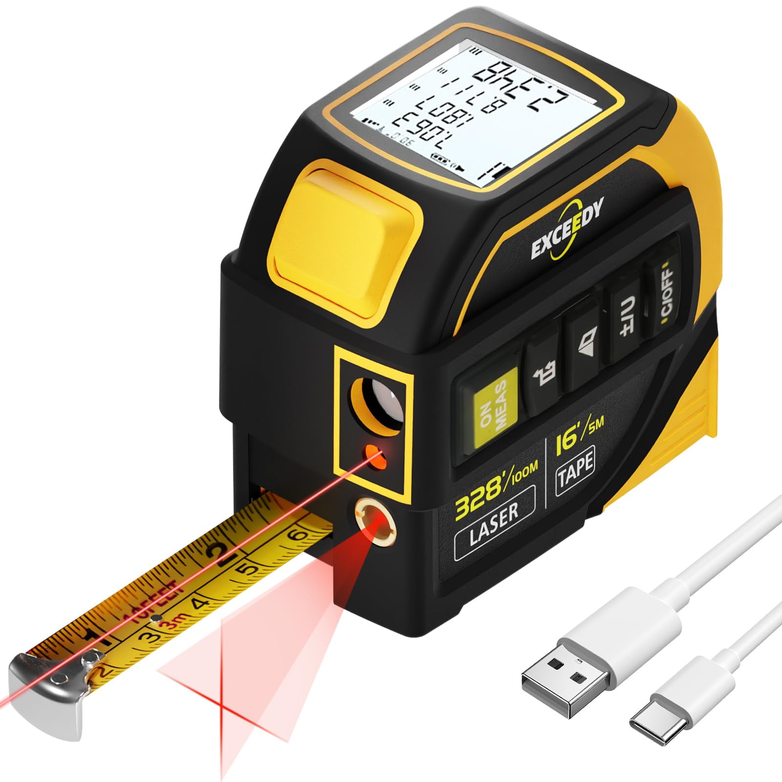 2-in-1 Laser Tape Measure 328Ft Rechargeable Laser Measuring 16Ft ...