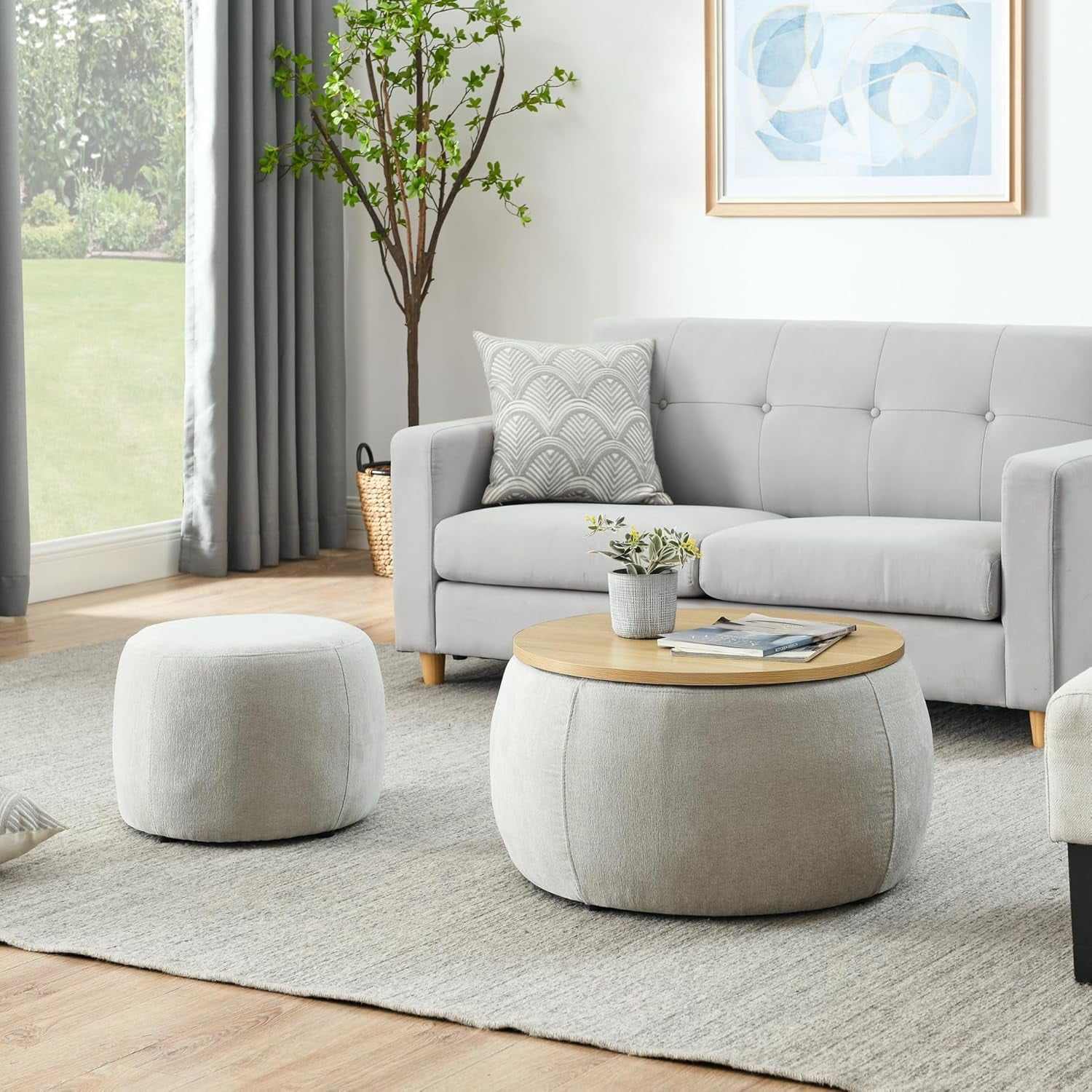 2-in-1 Light Grey Fabric Storage Ottoman & End Table, Foam Filled ...