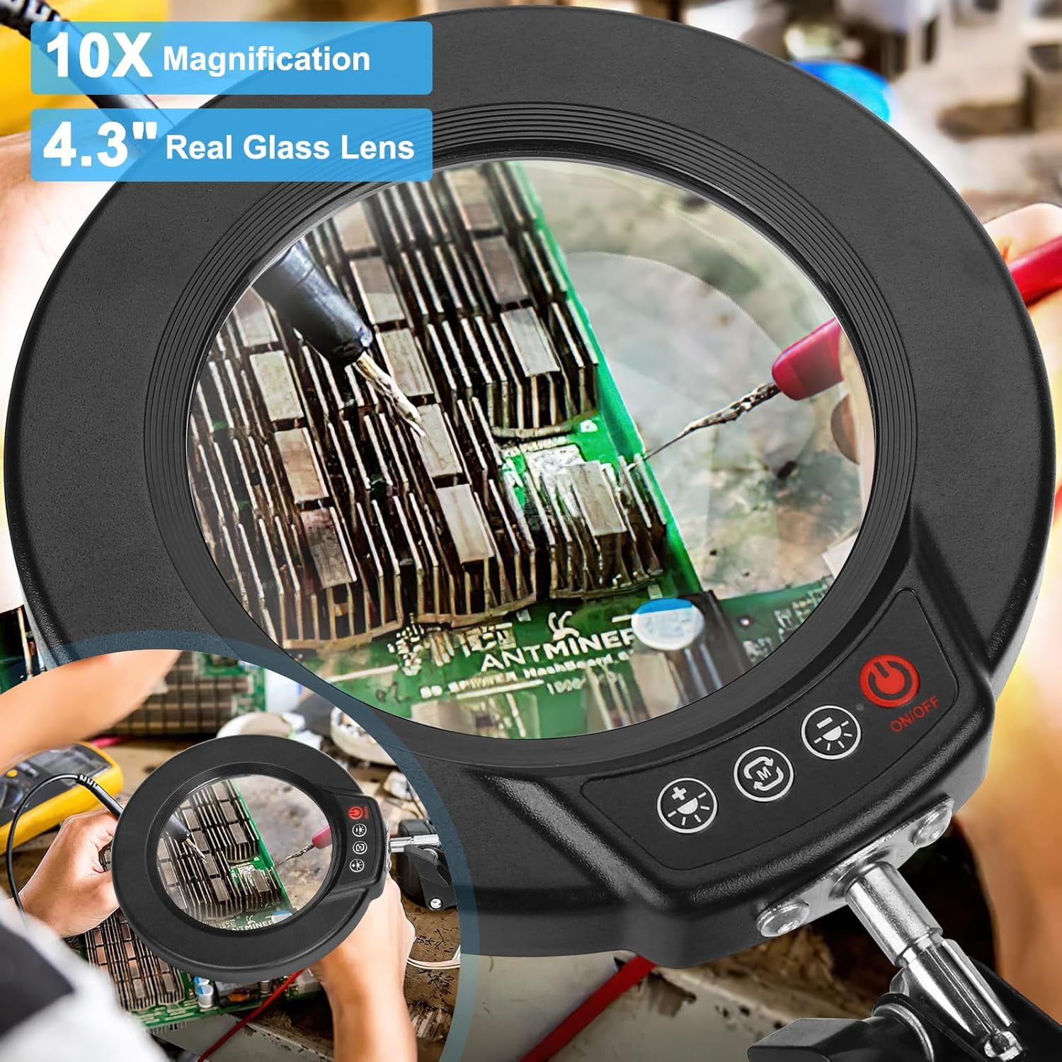 2-in-1 Lighted Magnifier with Clamp, 10X Magnifying Glass with Light ...