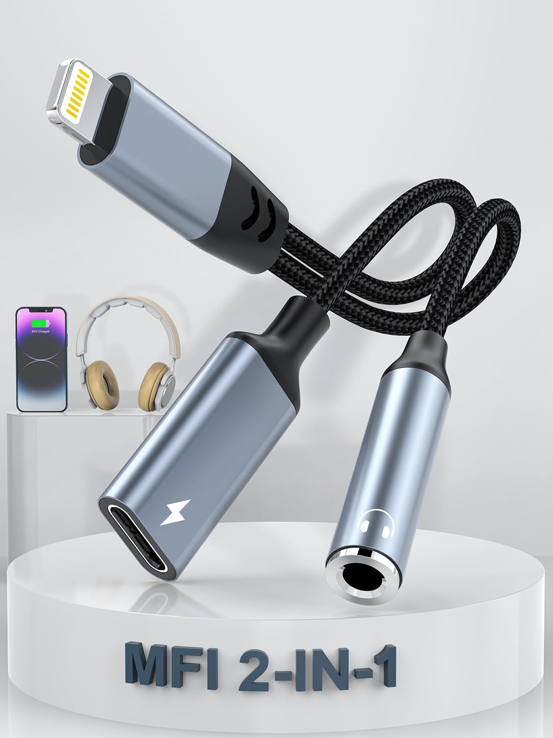 2-in-1 Lightning to 3.5mm Headphone Adapter, Dual Headset Splitter, Hi ...