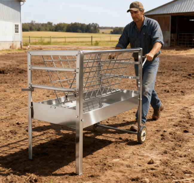 2-in-1 Livestock Feeder with Wheels, 4 Ft Long Heavy Duty Pasture Hay ...