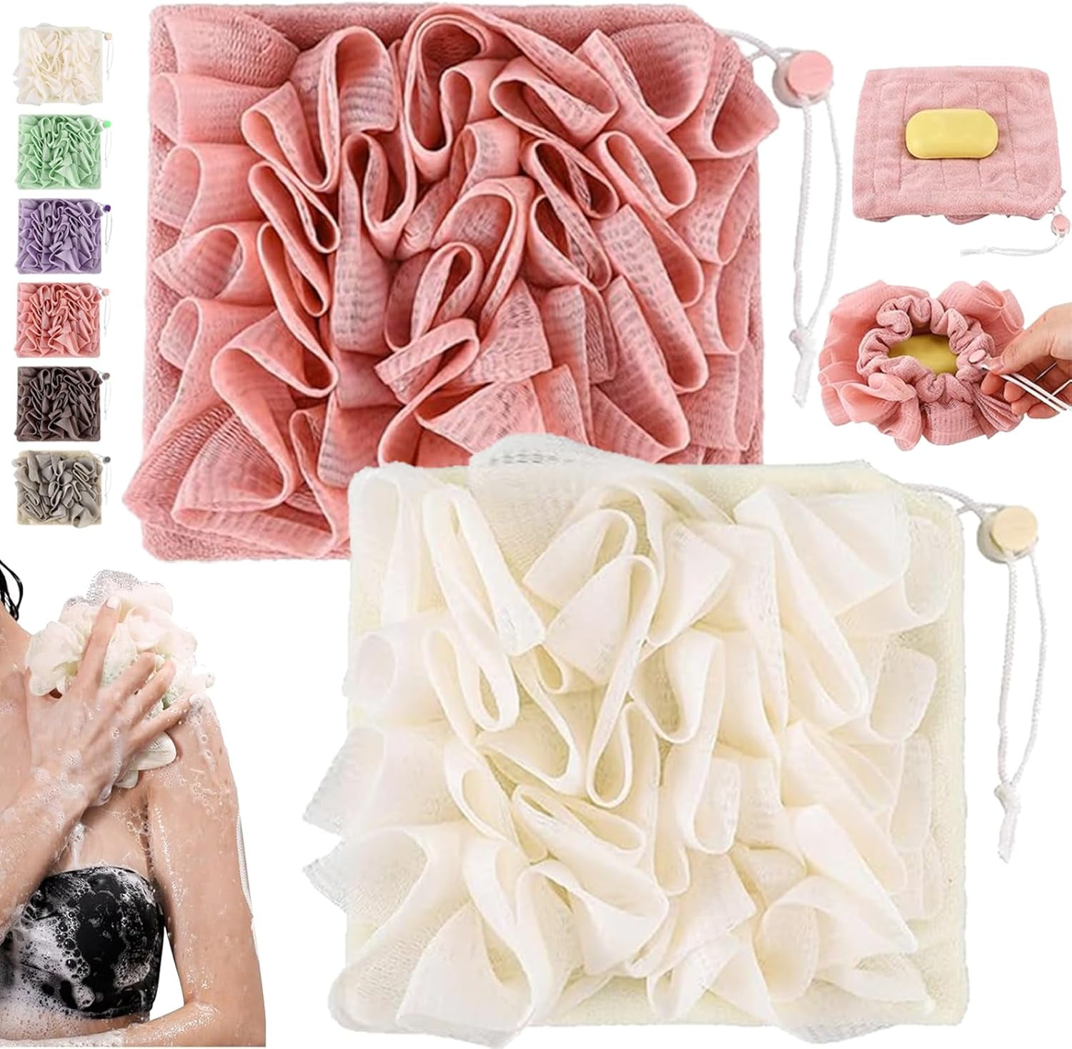 2 in 1 Loofah, 2 in 1 Loofah Sponge Washcloth, with Drawstring and Hook, Exfoliation Mesh Shower ...