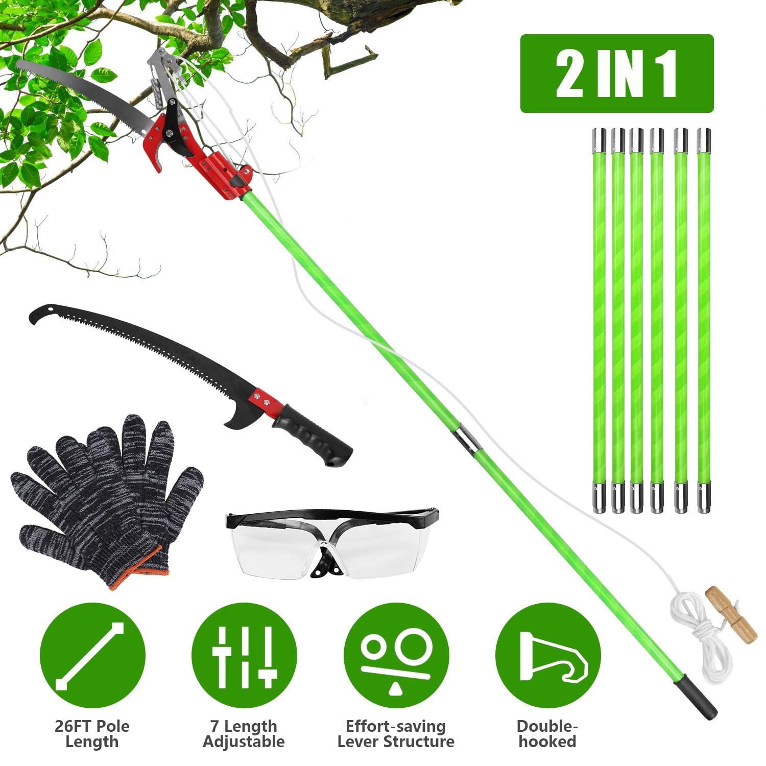 2-in-1 Manual Pole Saw 28Ft Extendable SK5 Steel Pruner Double Hooked ...