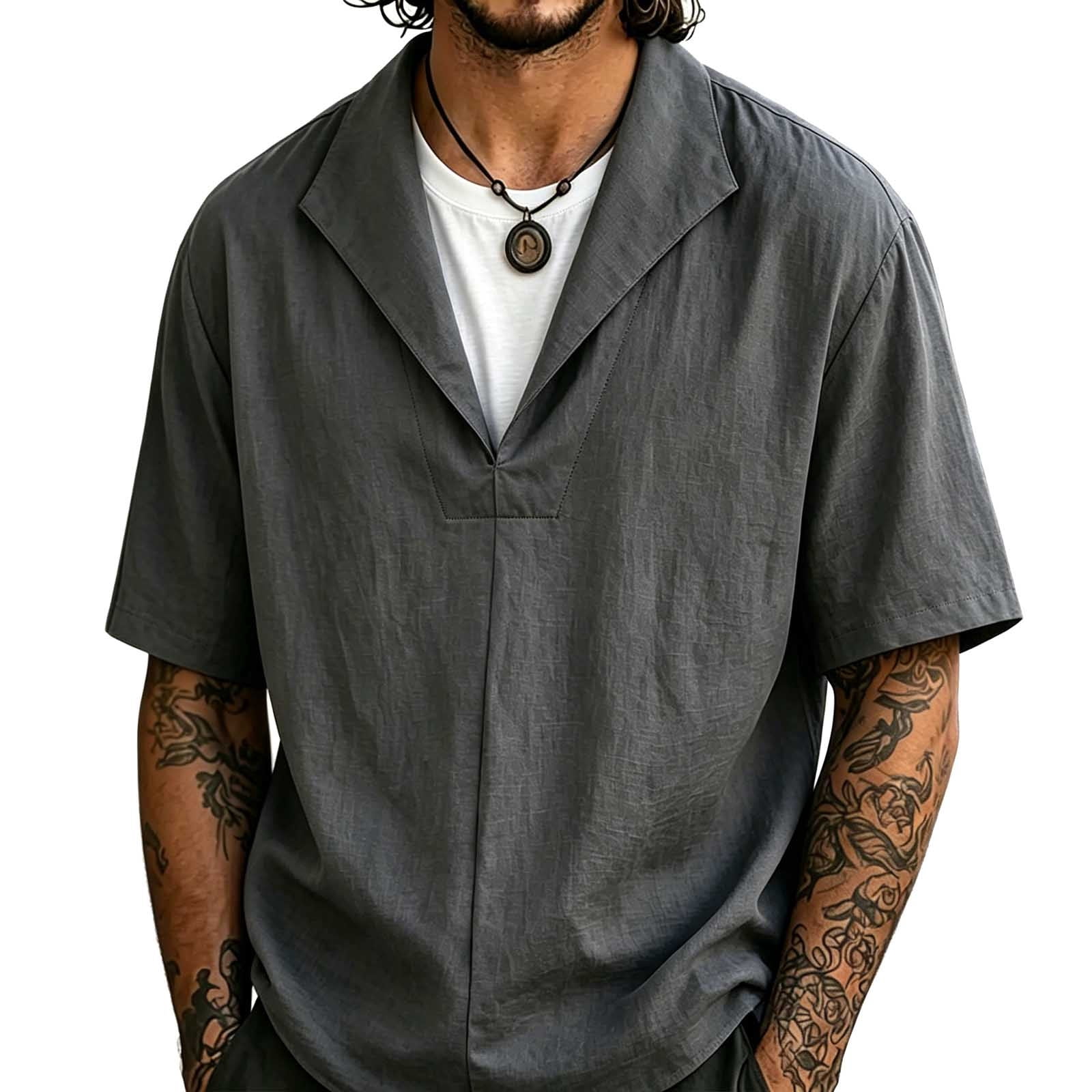 2 in 1 Mens Shirts Lapel Short Sleeve Crew Neck Fashion Streetwear ...