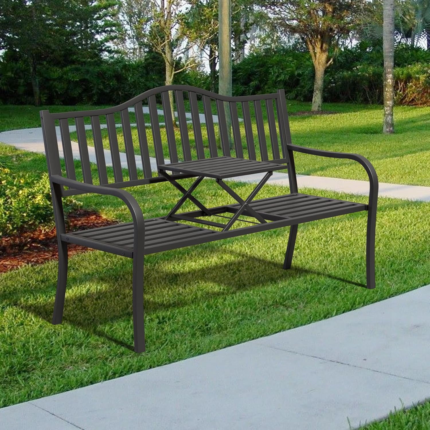 2 in 1 Metal Outdoor Bench, Weatherproof Garden Bench, with Striped ...