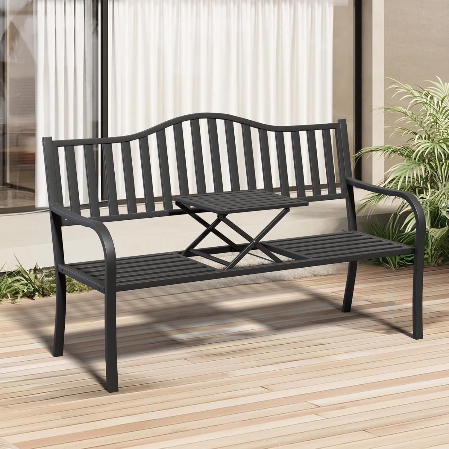 2 in 1 Metal Outdoor Bench, Weatherproof Garden Bench, with Striped ...