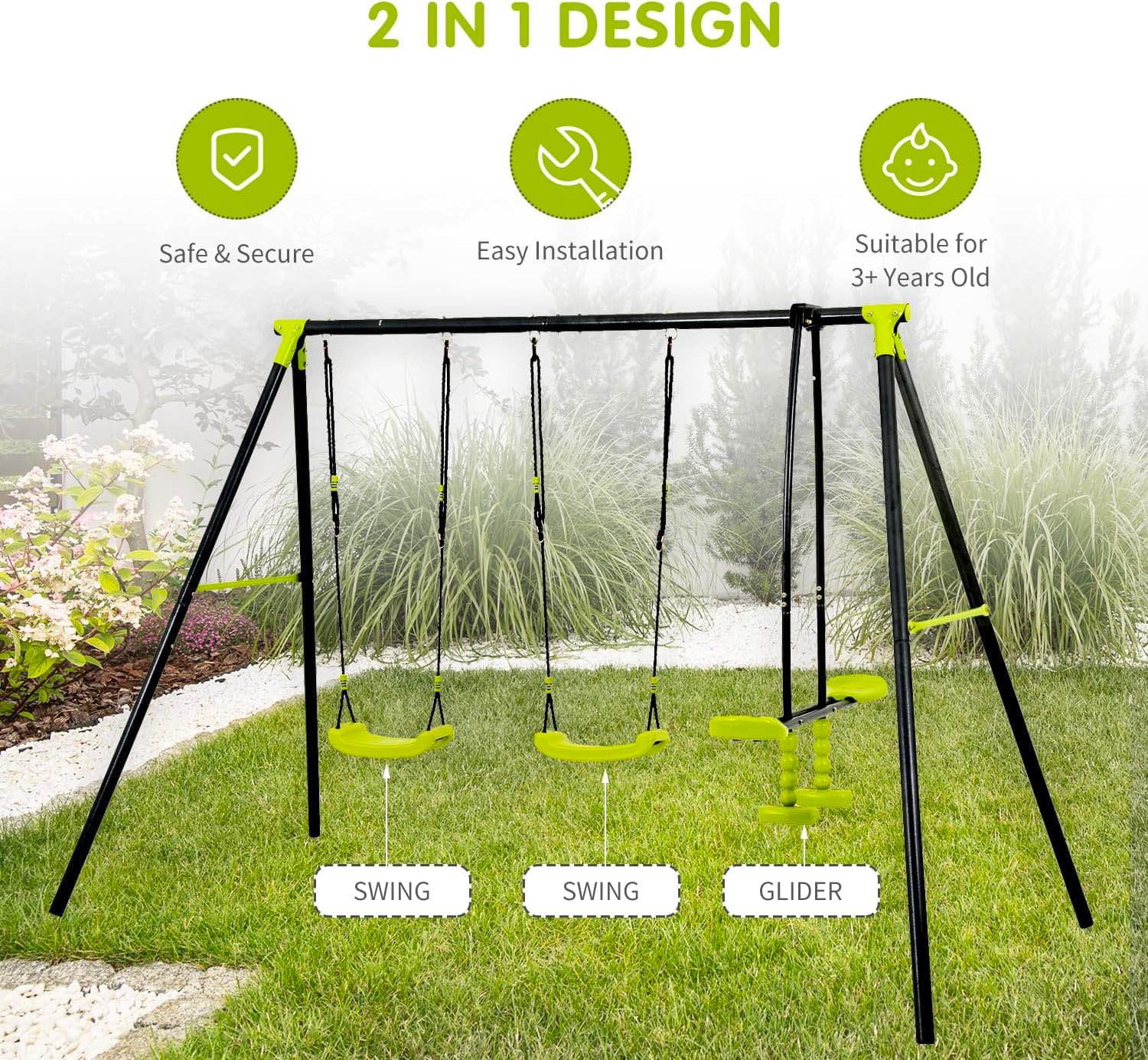 2 in 1 Metal Swing Sets for Kids with 2 Single Swings and 1 Swing ...