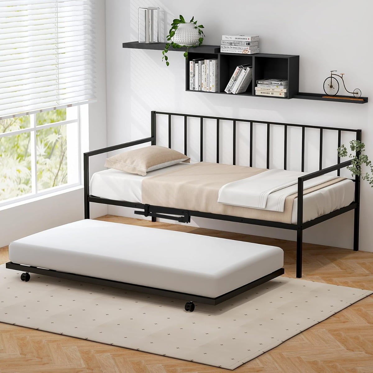 2-in-1 Metal Twin Daybed Frame with Metal Slat Support 3-Sided ...