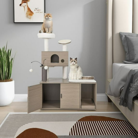 2-in-1 Modern Cat Tower with Litter Box Enclosure for Indoor Cars ...