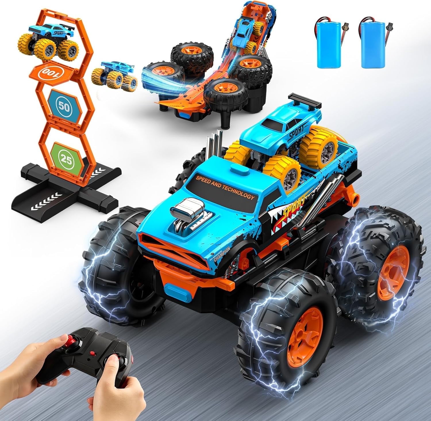 2-in-1 Monster Truck Toys with Transform Launcher Track – 1:16 RC ...