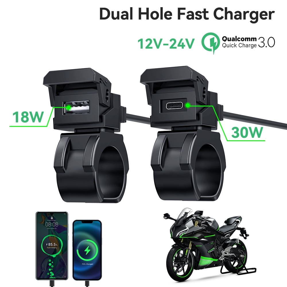 2-in-1 Motorcycle Phone Charger, 30W Dual USB Type C PD & 3.0 USB ...