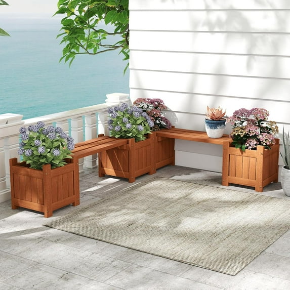 2-in-1 Outdoor Bench with 4 Planter Boxes, Wood with Teak Oil Finish ...