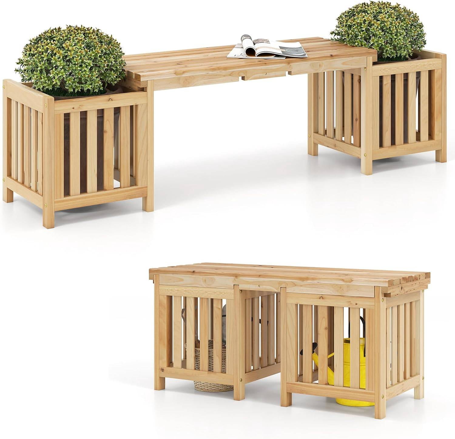 2-in-1 Outdoor Garden Bench with 2 Raised Planter Boxes, Natural Fir ...