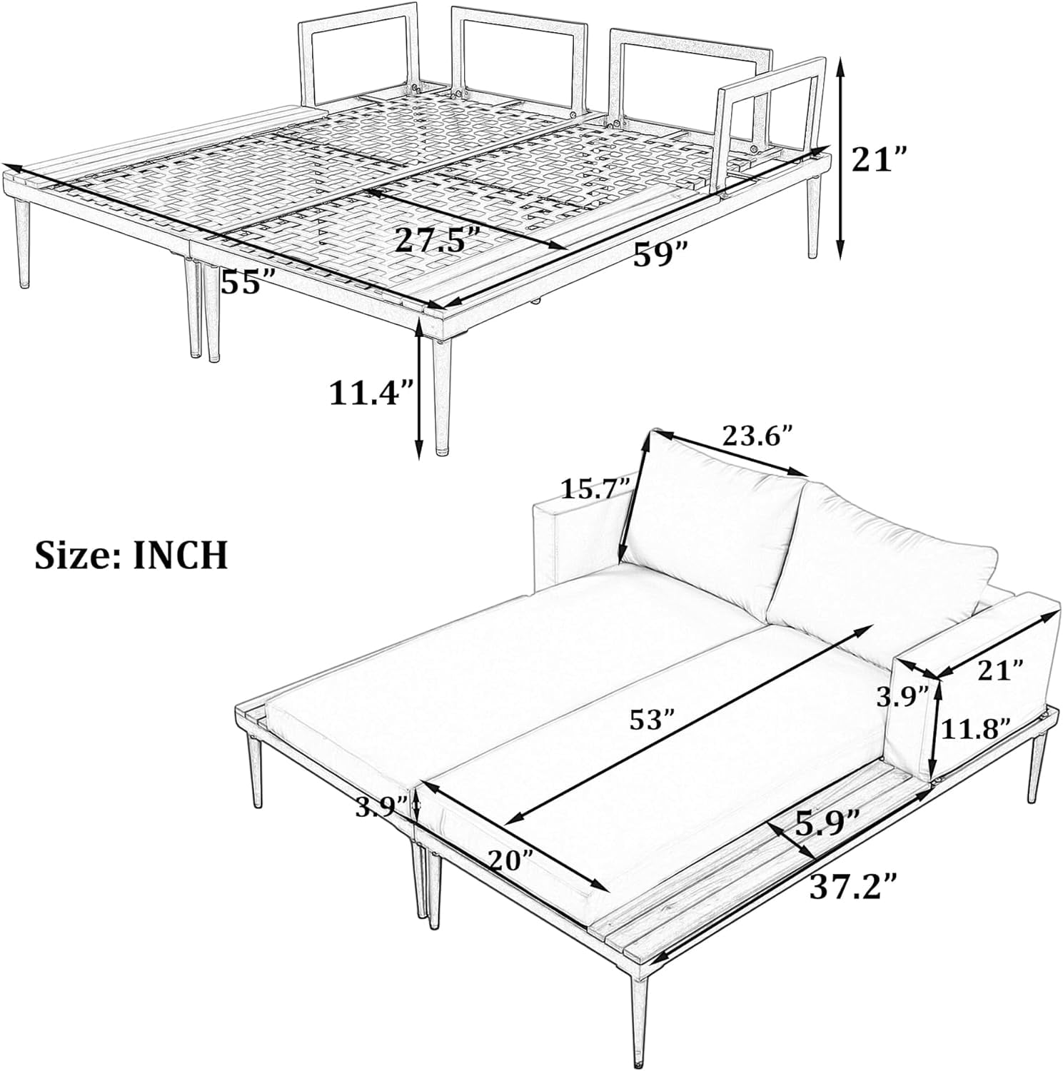 2-in-1 Outdoor Metal Sunbed with 3.9" Cushion, Convertible Patio Chaise ...